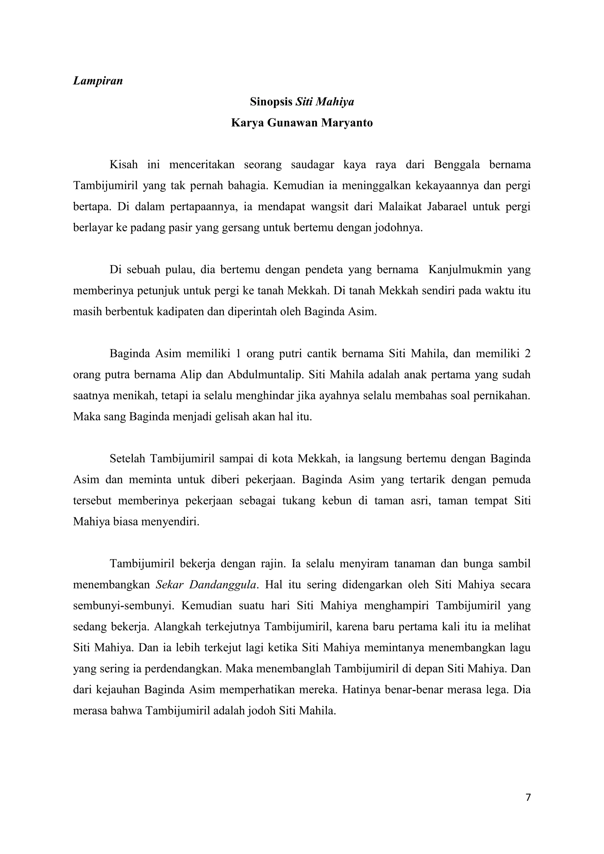 Analisis tematik cerpen siti mahiya karya Gunawan Maryanto | DOCX