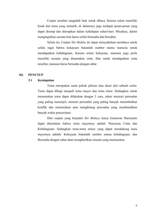 Analisis tematik cerpen siti mahiya karya Gunawan Maryanto | DOCX
