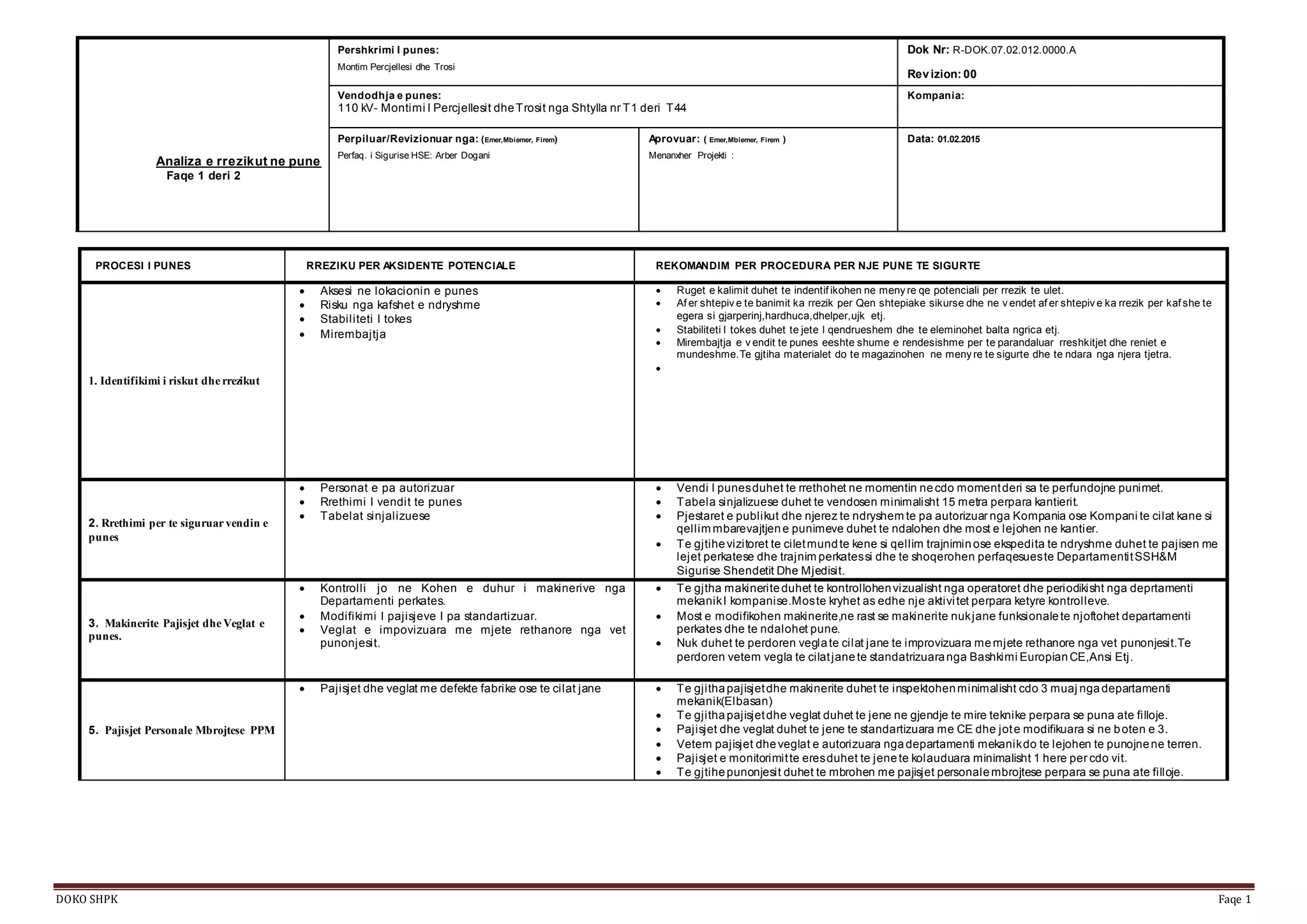 Analiza e rrezikut ne pune montim percjellesi dhe trosi 110k v banje ...