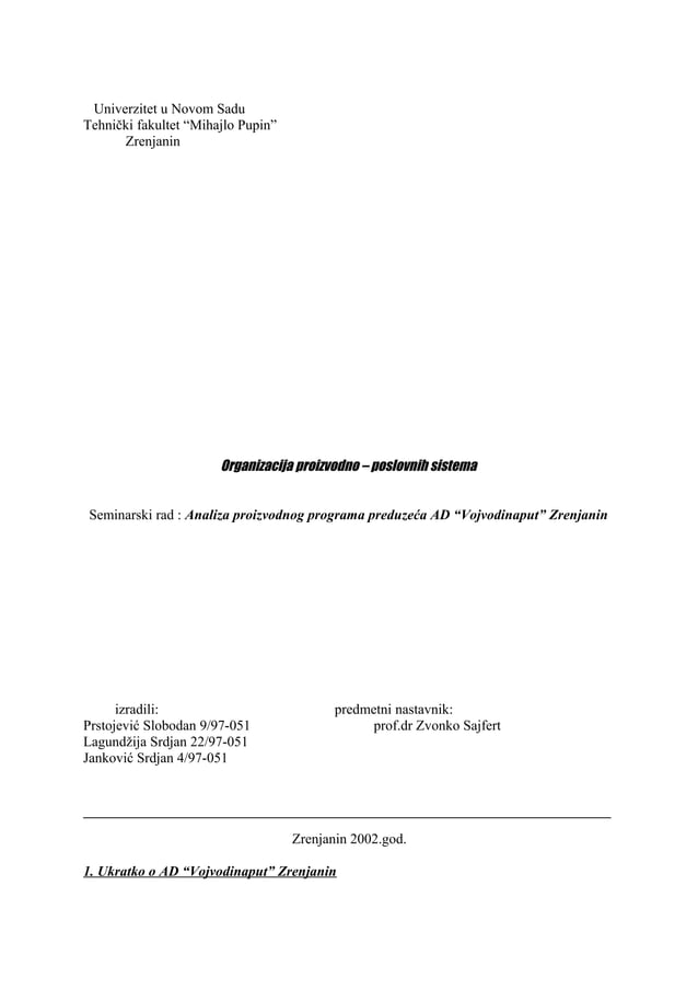Analiza proizvodnog programa preduzeca ad 'vojvodinaput' zrenjanin | PDF