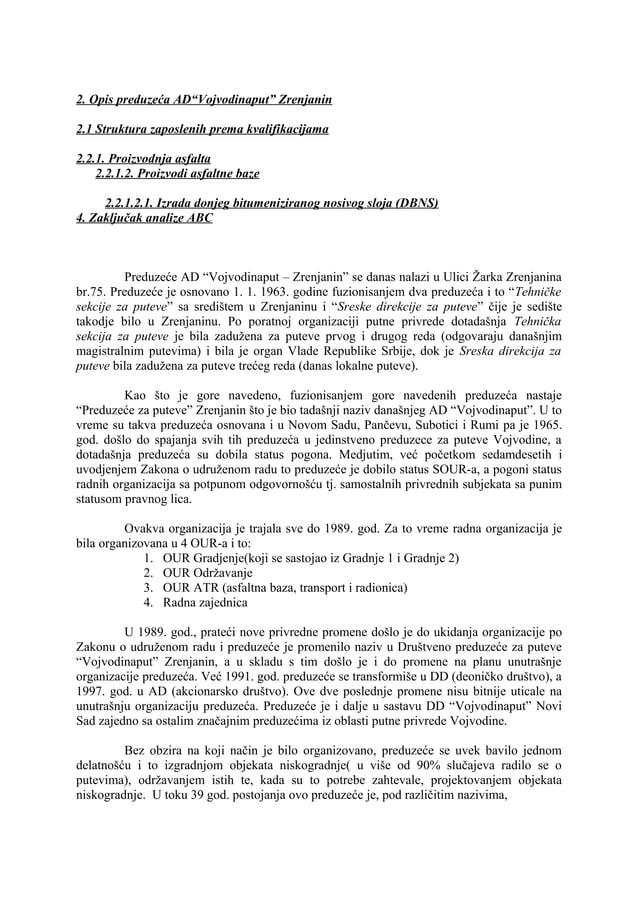 Analiza proizvodnog programa preduzeca ad 'vojvodinaput' zrenjanin | PDF