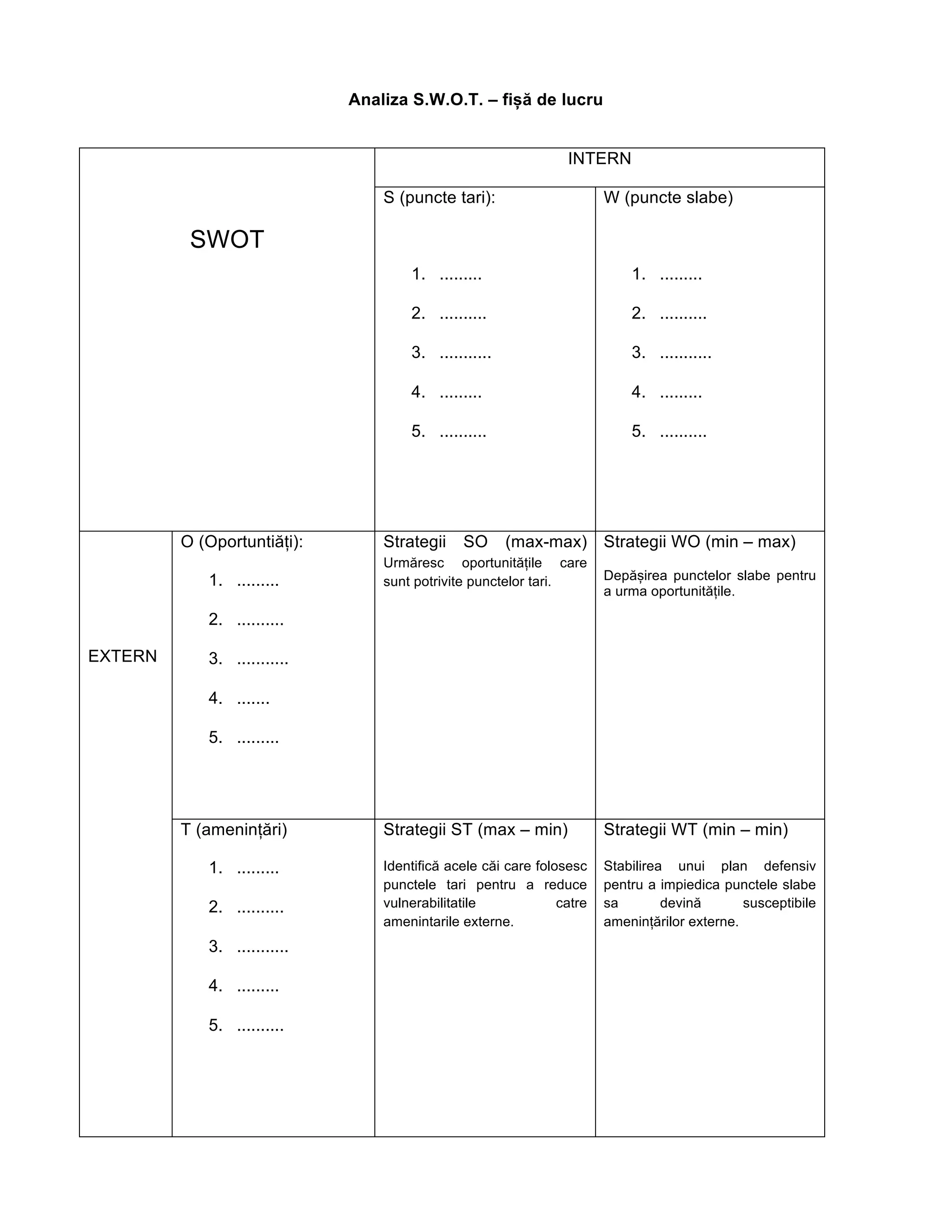 Analiza SWOT - fisa de lucru aplicabila pentru liceu | PDF