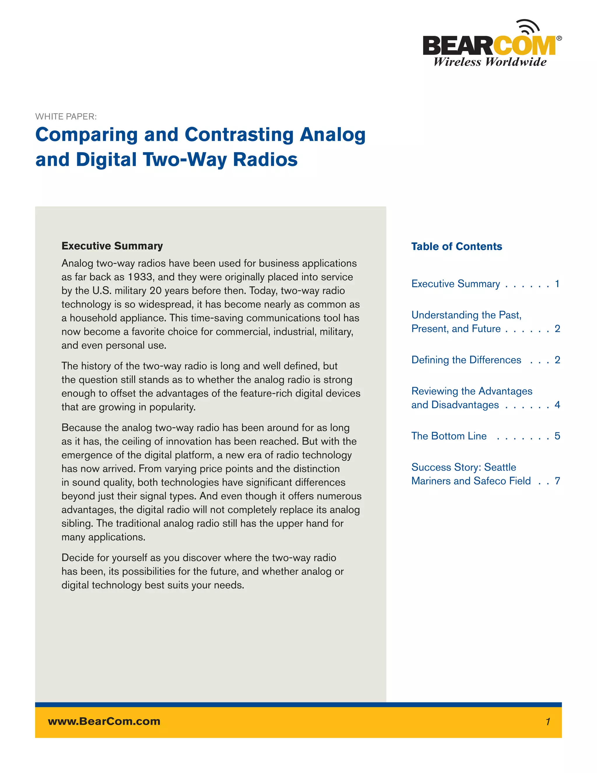 Analog and digital two way radios comparison whitepaper by bearcom | PDF