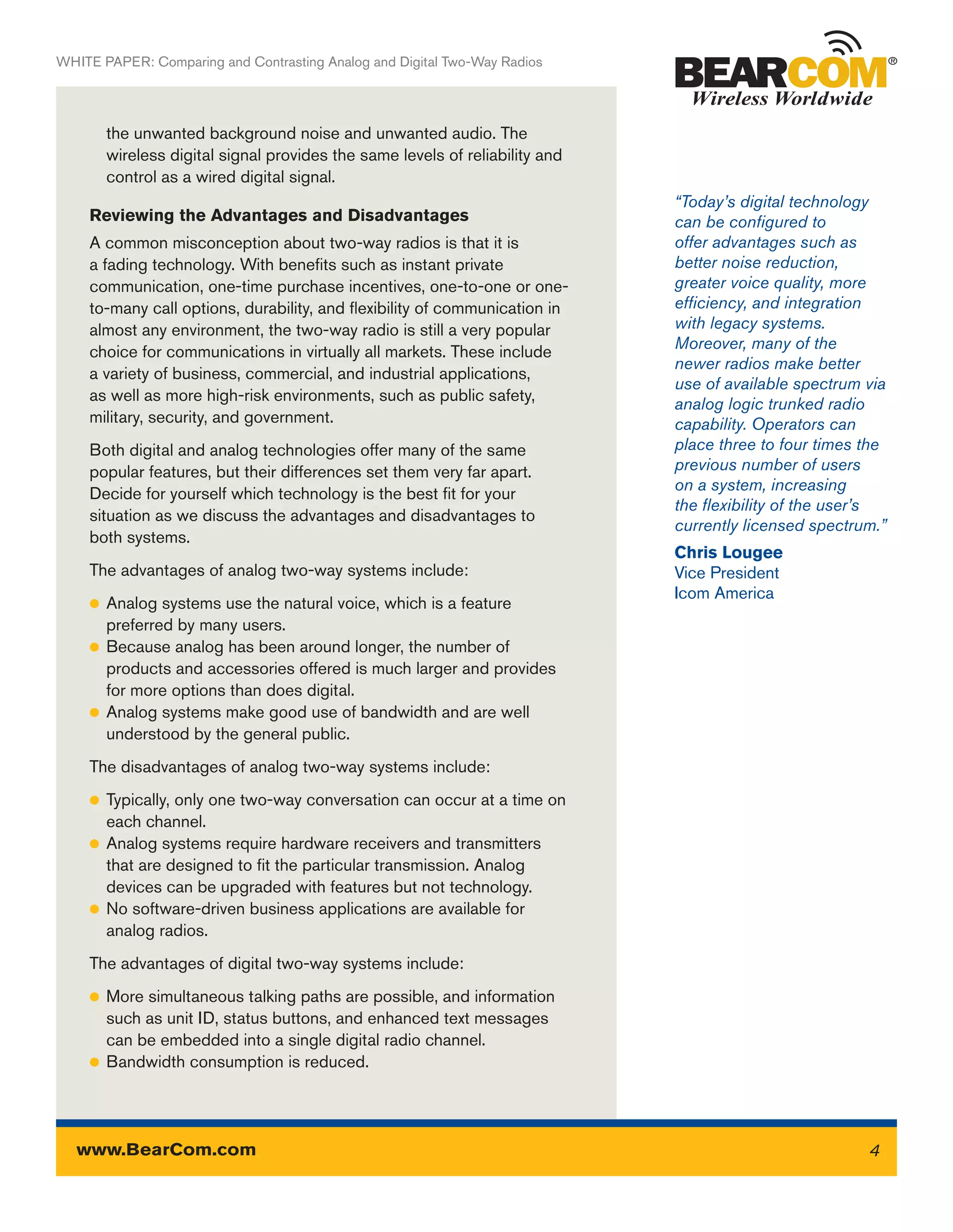 Analog and digital two way radios comparison whitepaper by bearcom | PDF