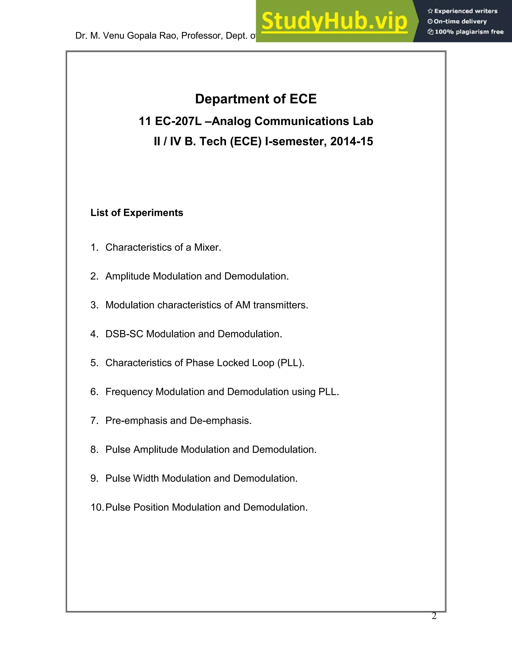 Analog Communications Lab Laboratory Manual Pdf