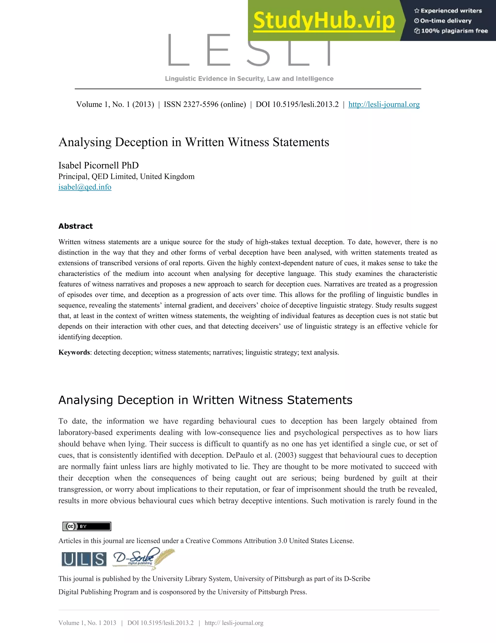 Analysing Deception In Written Witness Statements | PDF