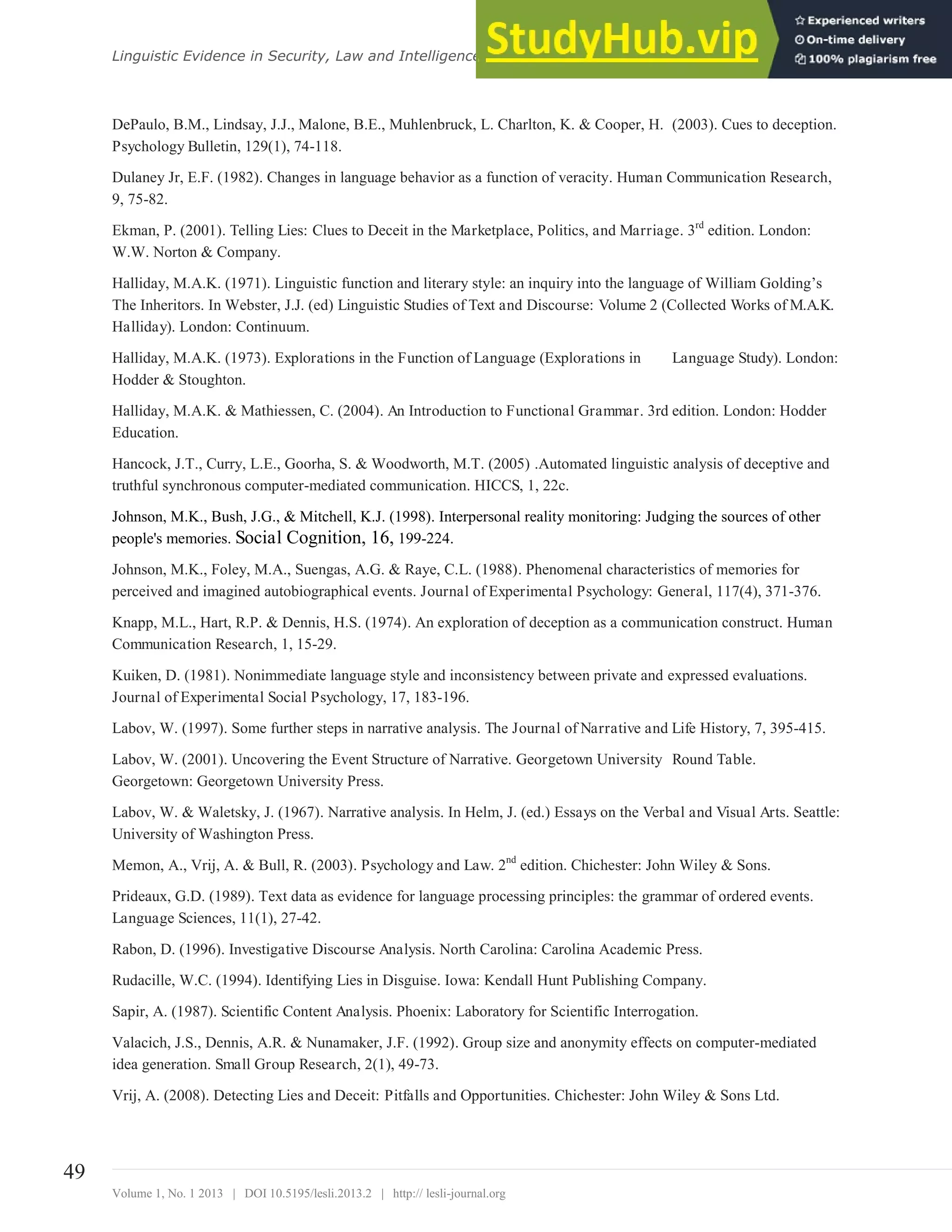 Analysing Deception In Written Witness Statements | PDF