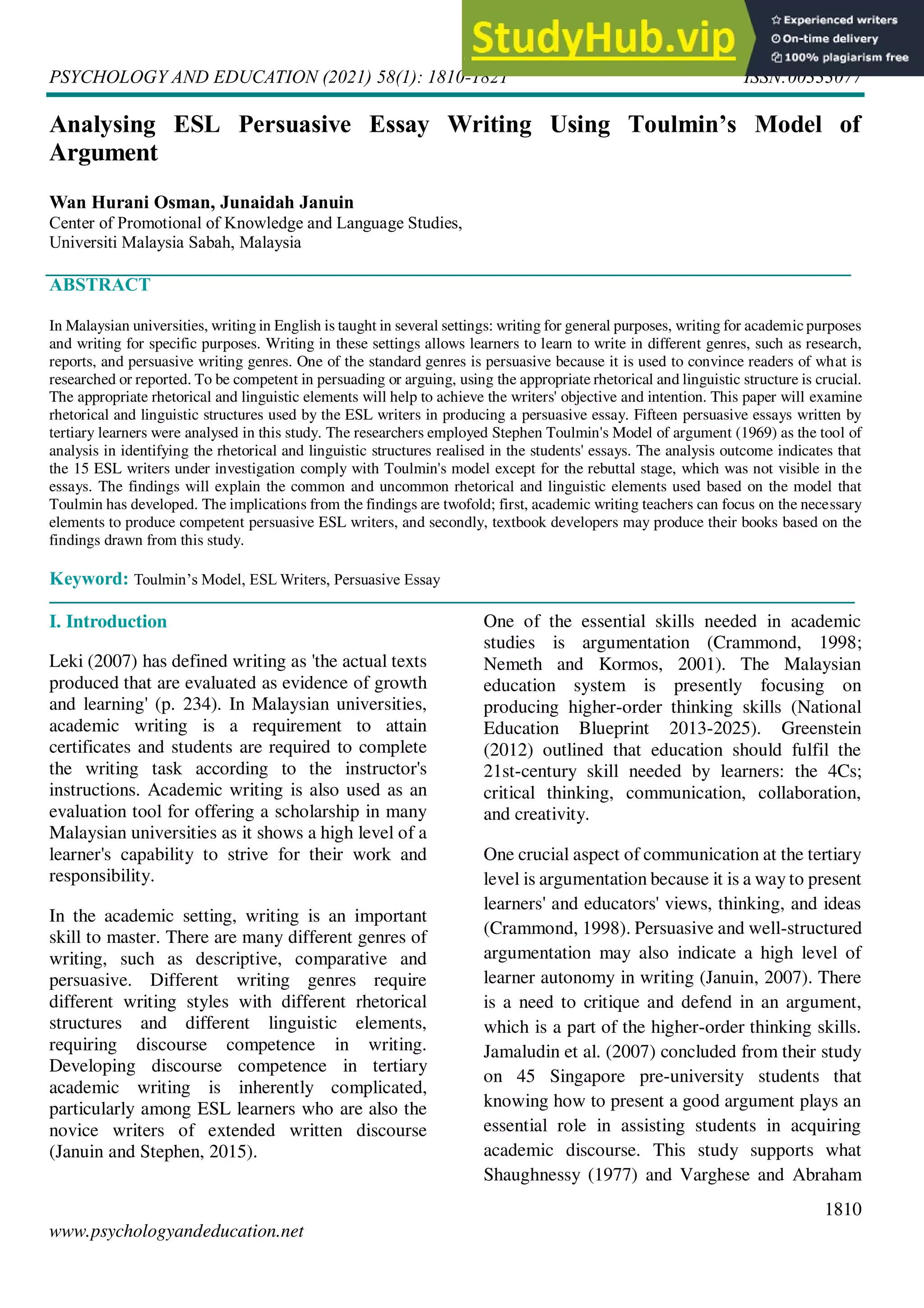 Analysing ESL Persuasive Essay Writing Using Toulmin S Model Of ...
