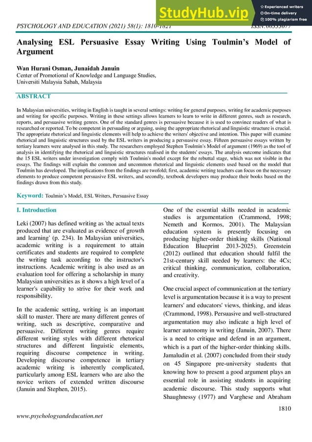Analysing ESL Persuasive Essay Writing Using Toulmin S Model Of ...