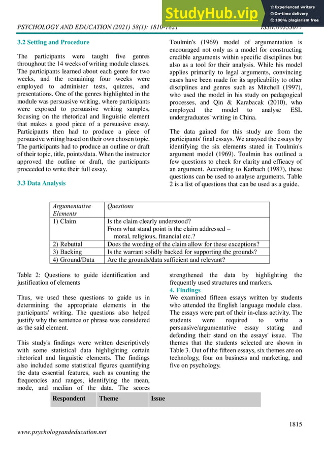 Analysing ESL Persuasive Essay Writing Using Toulmin S Model Of ...