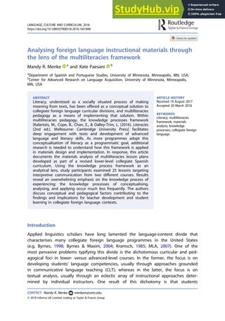 Analysing Foreign Language Instructional Materials Through The Lens Of The Multiliteracies ...