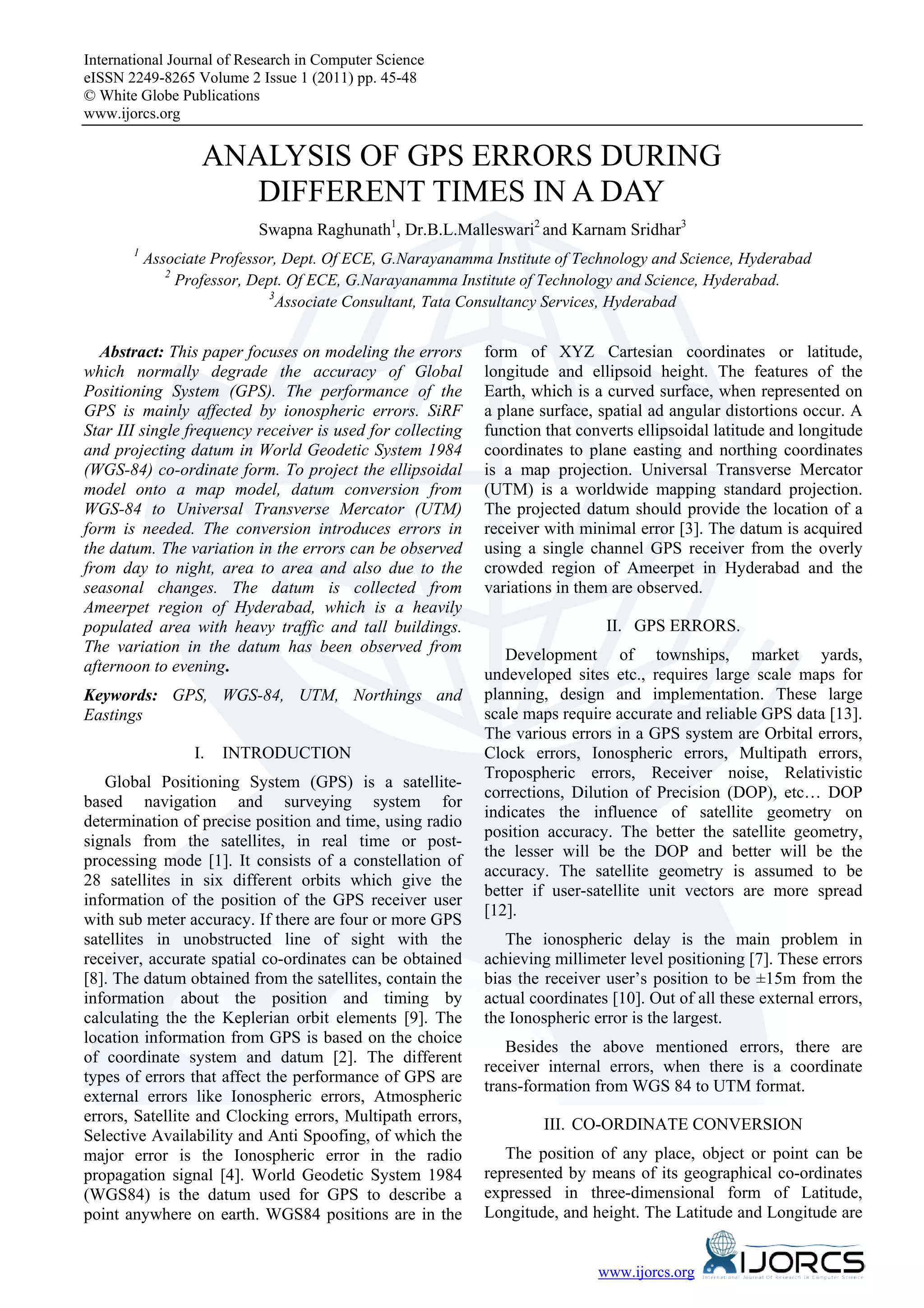 ANALYSIS OF GPS ERRORS DURING DIFFERENT TIMES IN A DAY | PDF