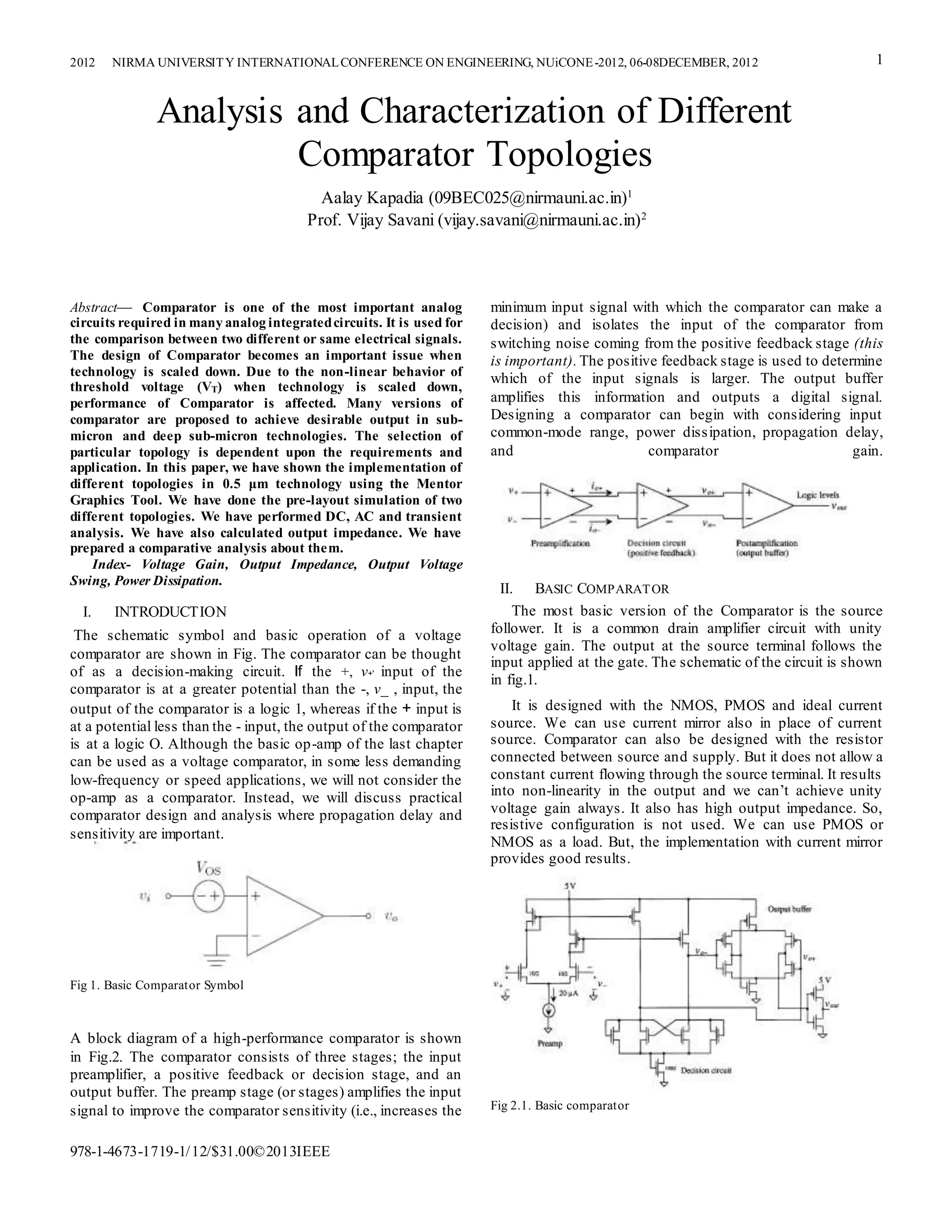 Analysis and Characterization of Different Comparator Topologies | DOCX