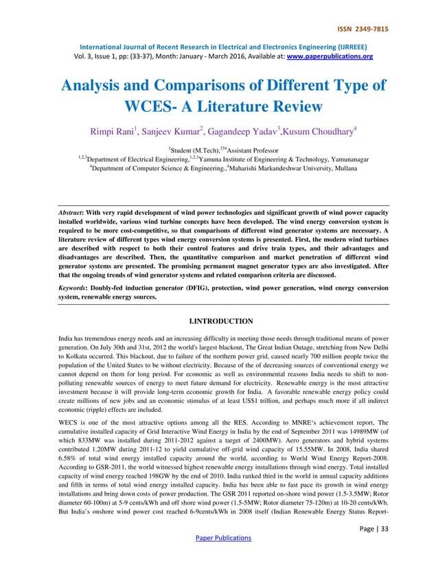 Analysis and Comparisons of Different Type of WCES- A Literature Review | PDF