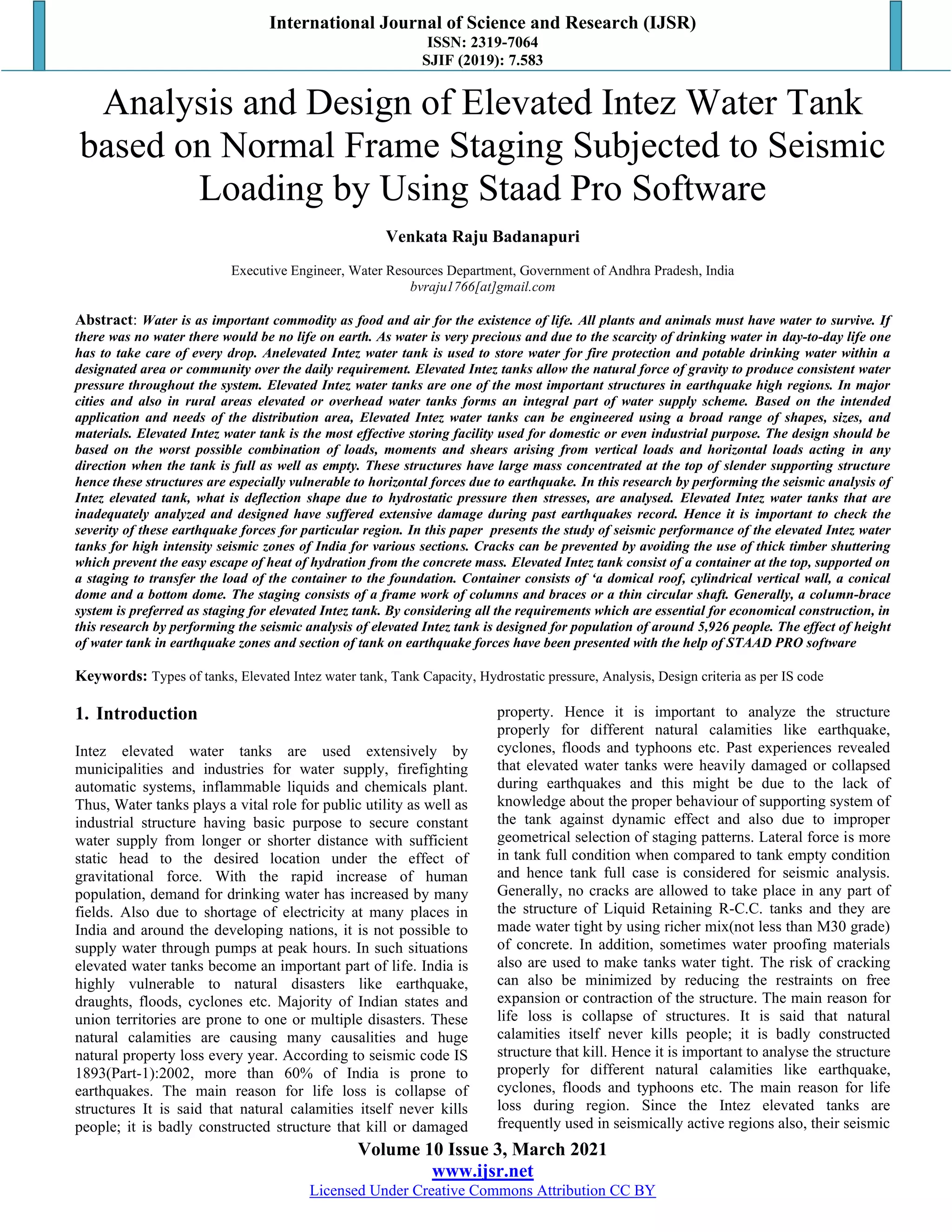 Analysis and Design of Elevated Intez Water Tank based on Normal Frame ...