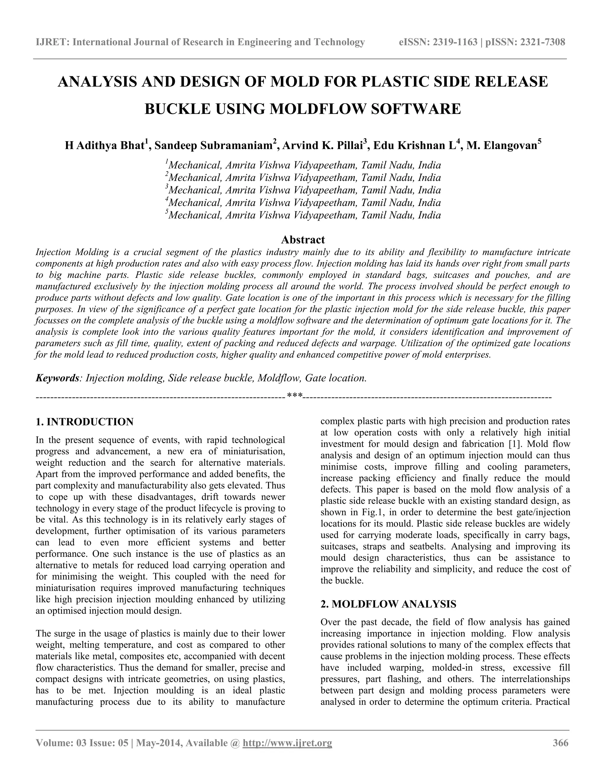 Analysis and design of mold for plastic side release buckle using moldflow software | PDF