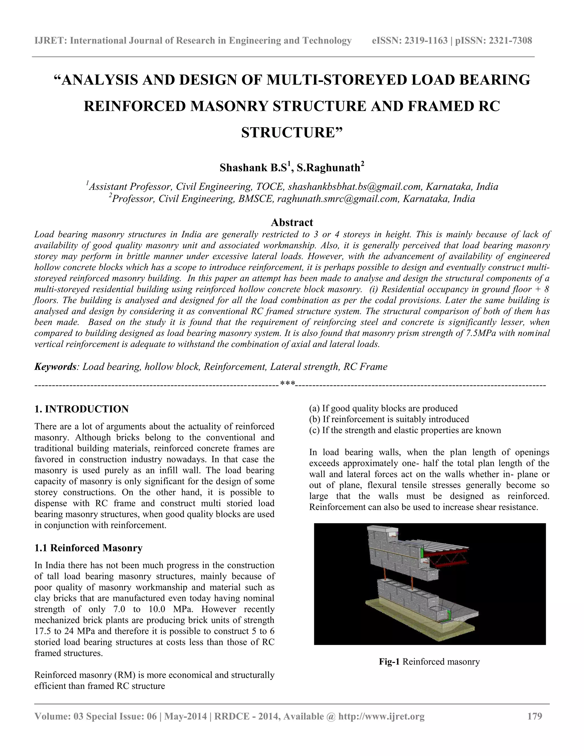 “Analysis and design of multi storeyed load bearing reinforced masonry structure and framed rc ...