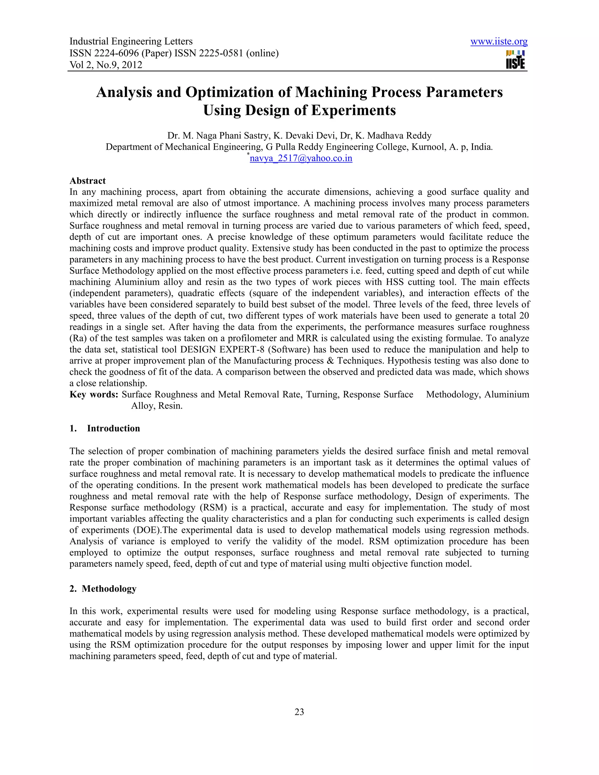 Analysis And Optimization Of Machining Process Parameters Pdf