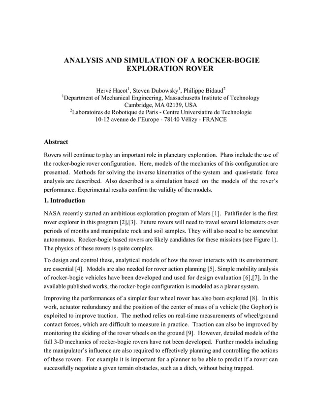 Analysis and simulation of a rocker bogie exploration rover | PDF