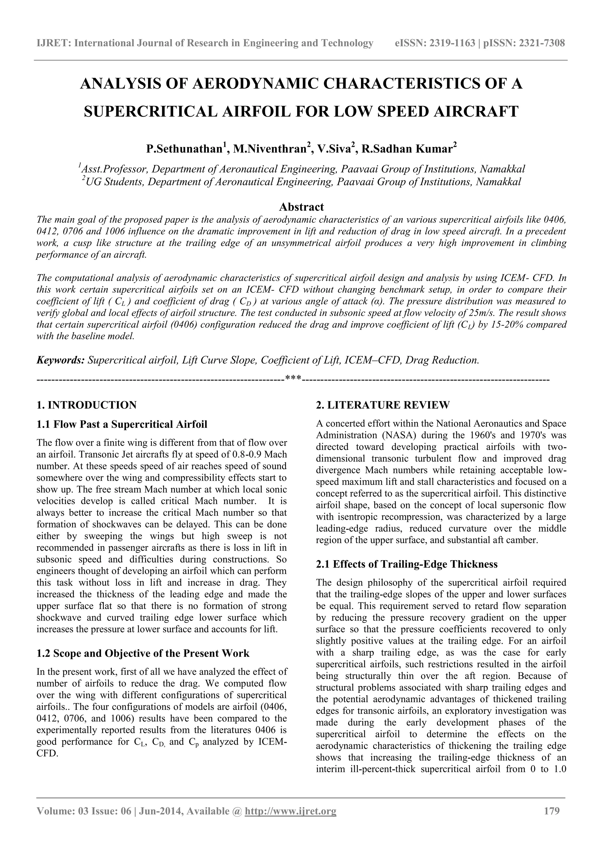 Analysis of aerodynamic characteristics of a supercritical airfoil for ...