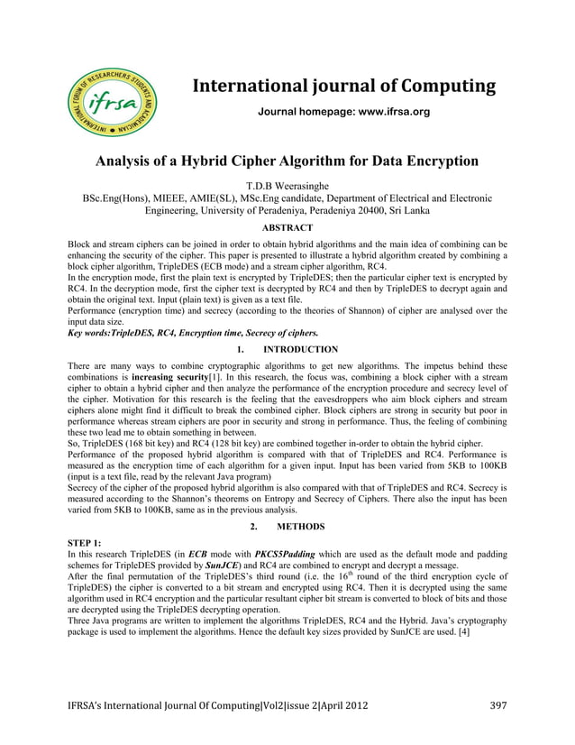Analysis Of A Hybrid Cipher Algorithm Pdf Programming Languages