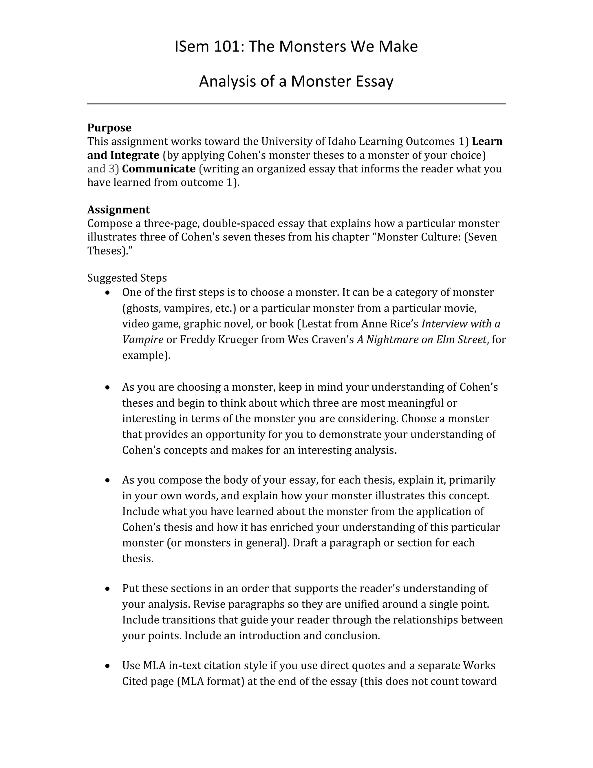 ISem 101 Analysis of a Monster Essay Assignment | PDF