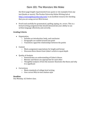 ISem 101 Analysis of a Monster Essay Assignment | PDF