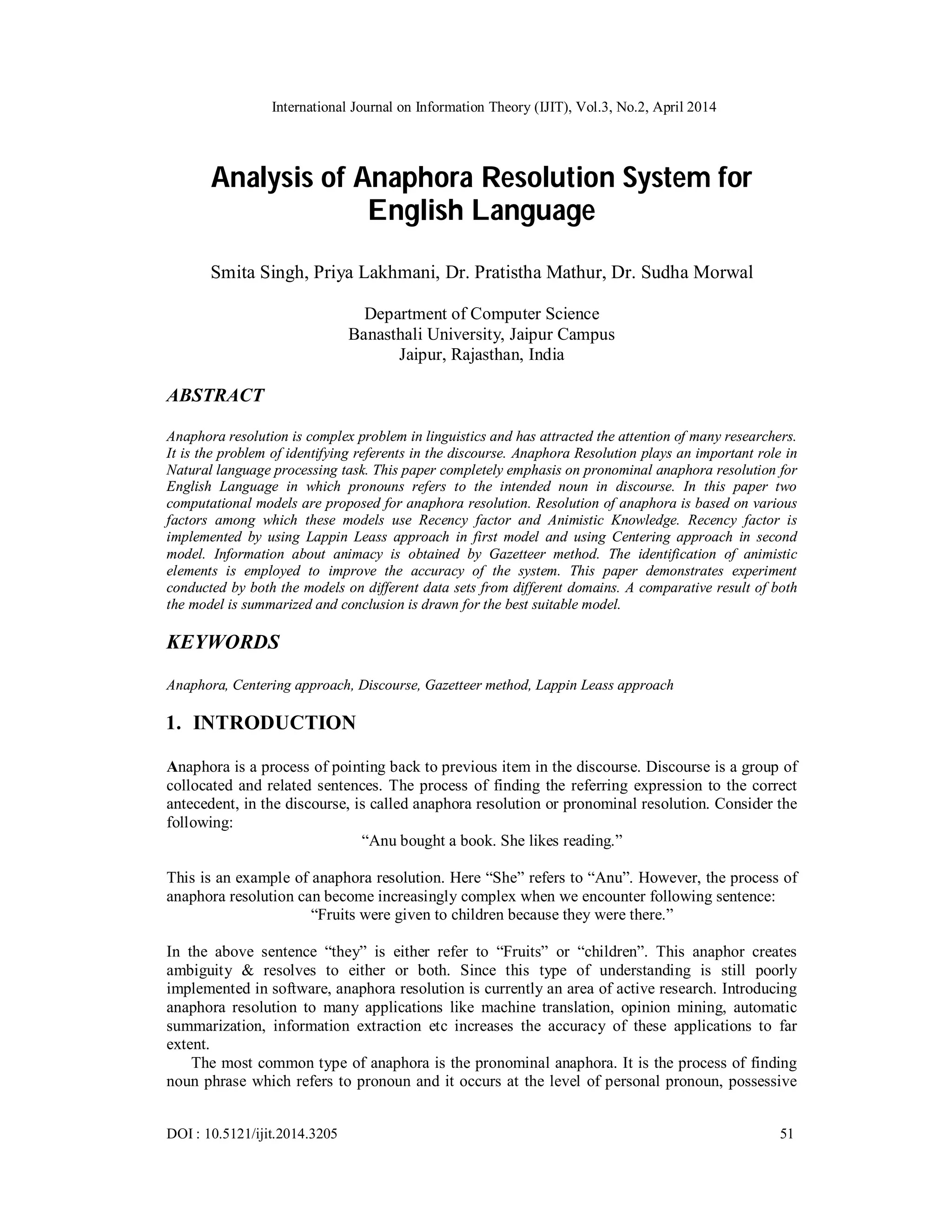 Analysis of anaphora resolution system for | PDF
