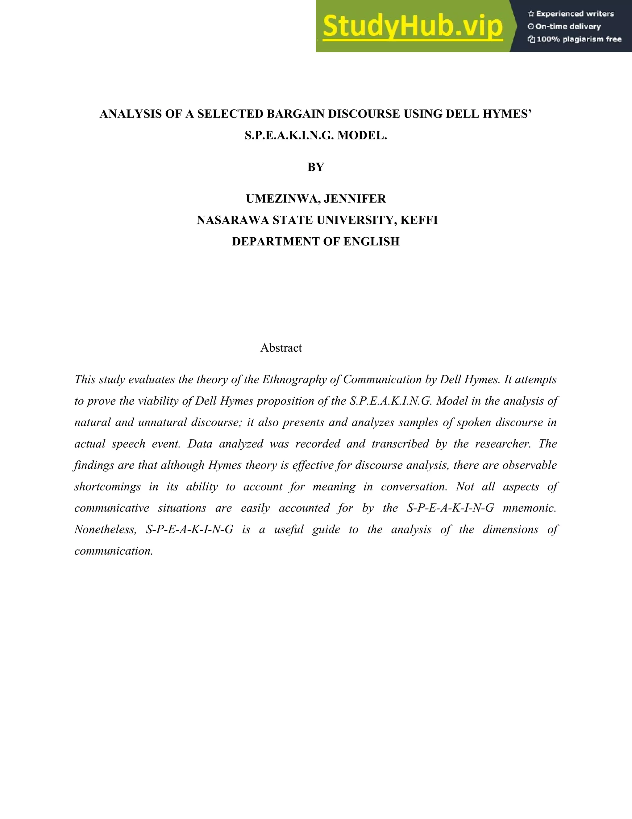 ANALYSIS OF A SELECTED BARGAIN DISCOURSE USING DELL HYMES S.P.E.A.K.I.N ...