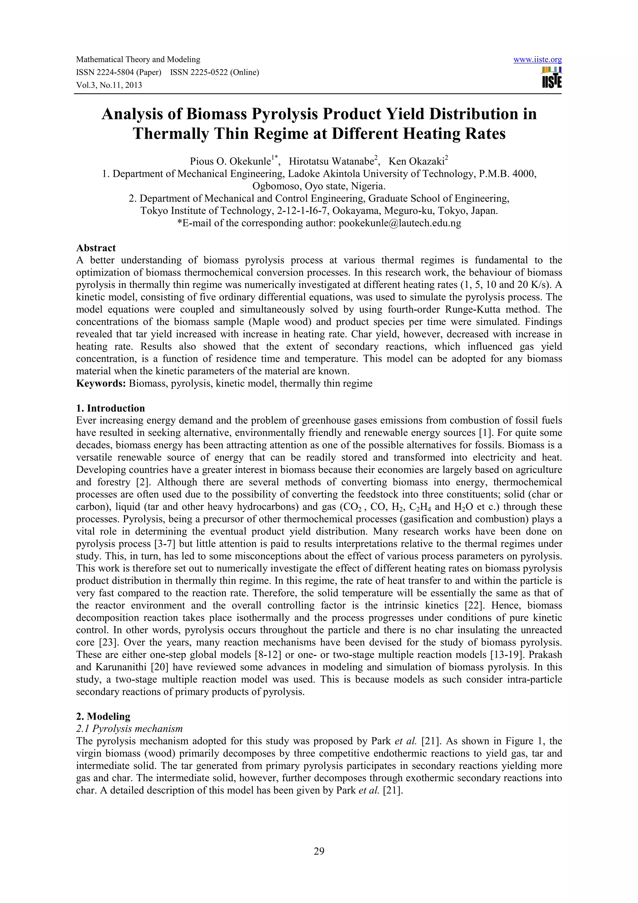 Analysis of biomass pyrolysis product yield distribution in thermally thin regime at different ...