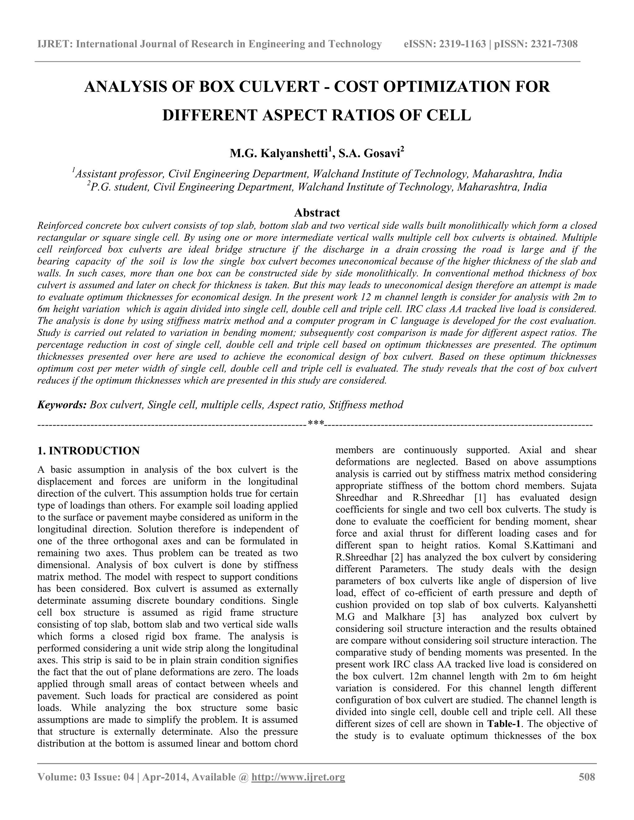 Analysis of box culvert cost optimization for different aspect ratios ...