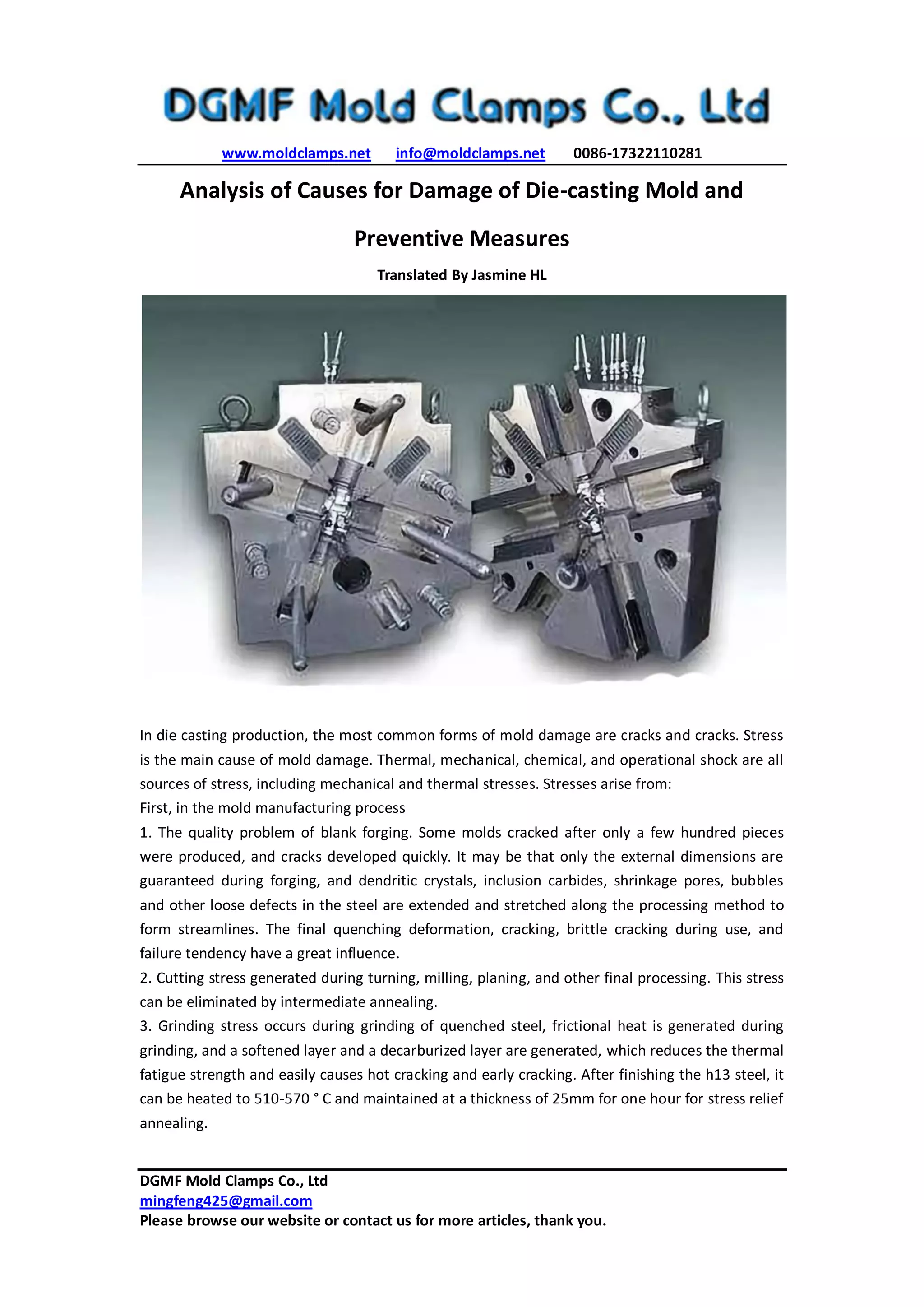 Analysis of causes for damage of die casting mold and preventive ...