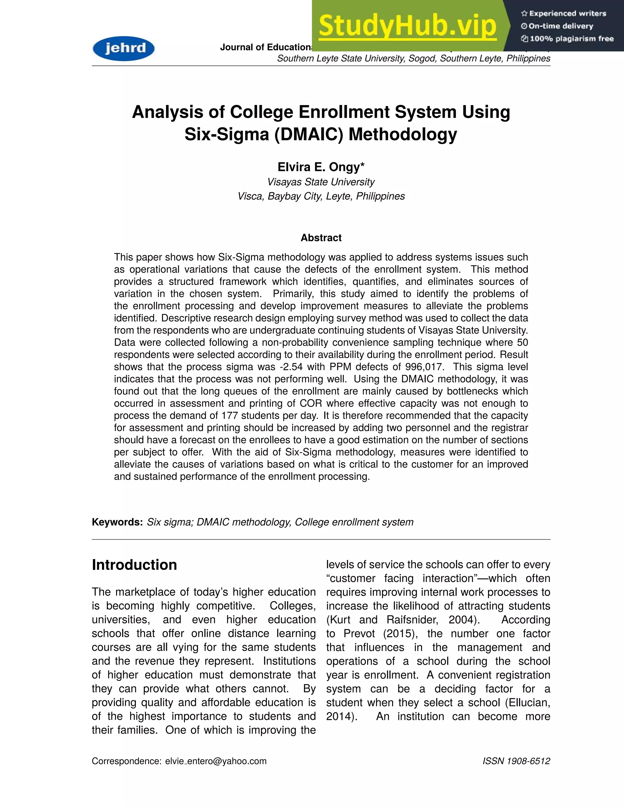 Analysis Of College Enrollment System Using Six-Sigma (DMAIC) Methodology | PDF