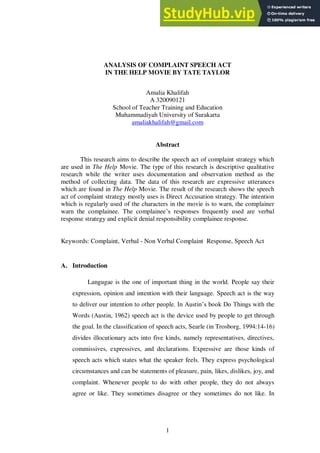 Analysis Of Complaint Speech Act In The Help Movie By Tate Taylor | PDF