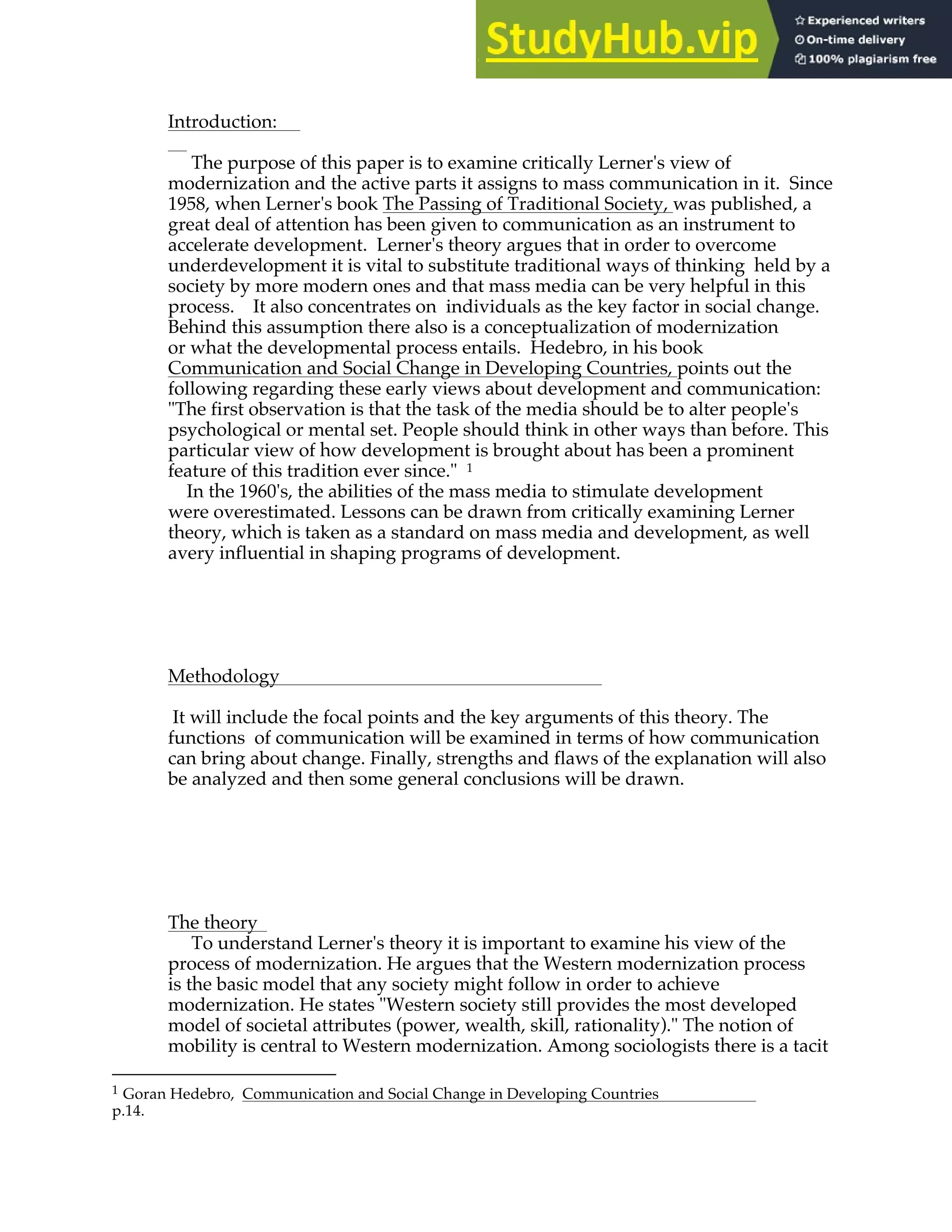ANALYSIS OF DANIEL LERNER S THEORY OF COMMUNICATION AND DEVELOPMENT | PDF
