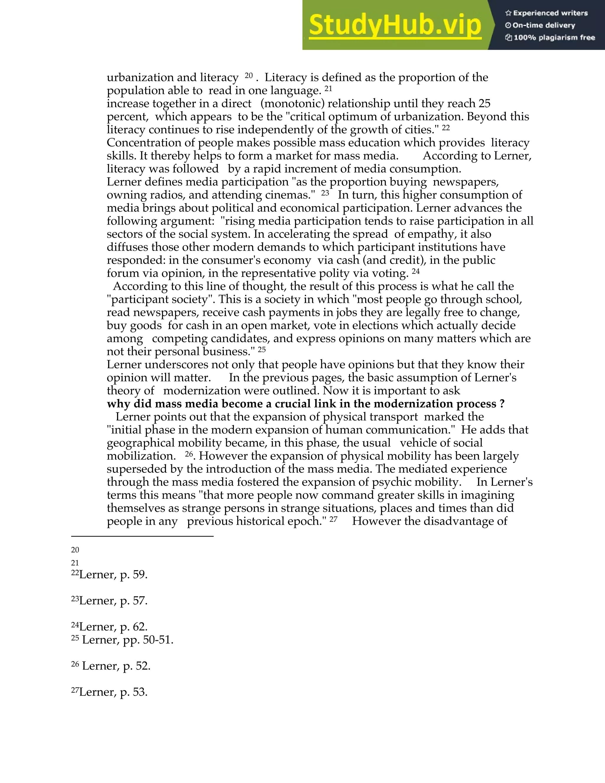 ANALYSIS OF DANIEL LERNER S THEORY OF COMMUNICATION AND DEVELOPMENT | PDF
