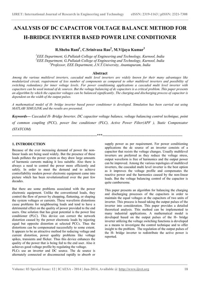 Analysis of dc capacitor voltage balance method for h bridge inverter based power line ...