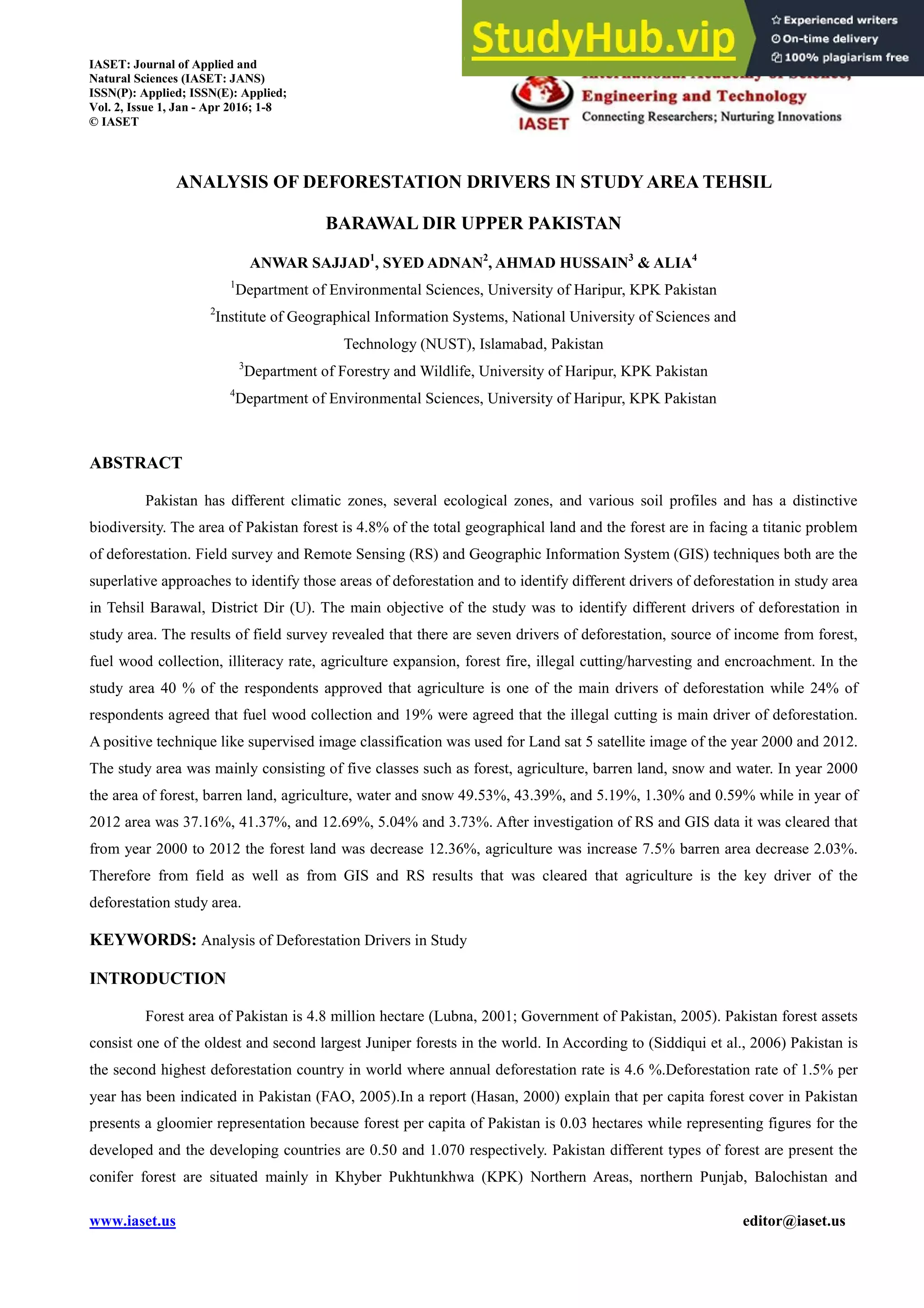 ANALYSIS OF DEFORESTATION DRIVERS IN STUDY AREA TEHSIL BARAWAL DIR ...