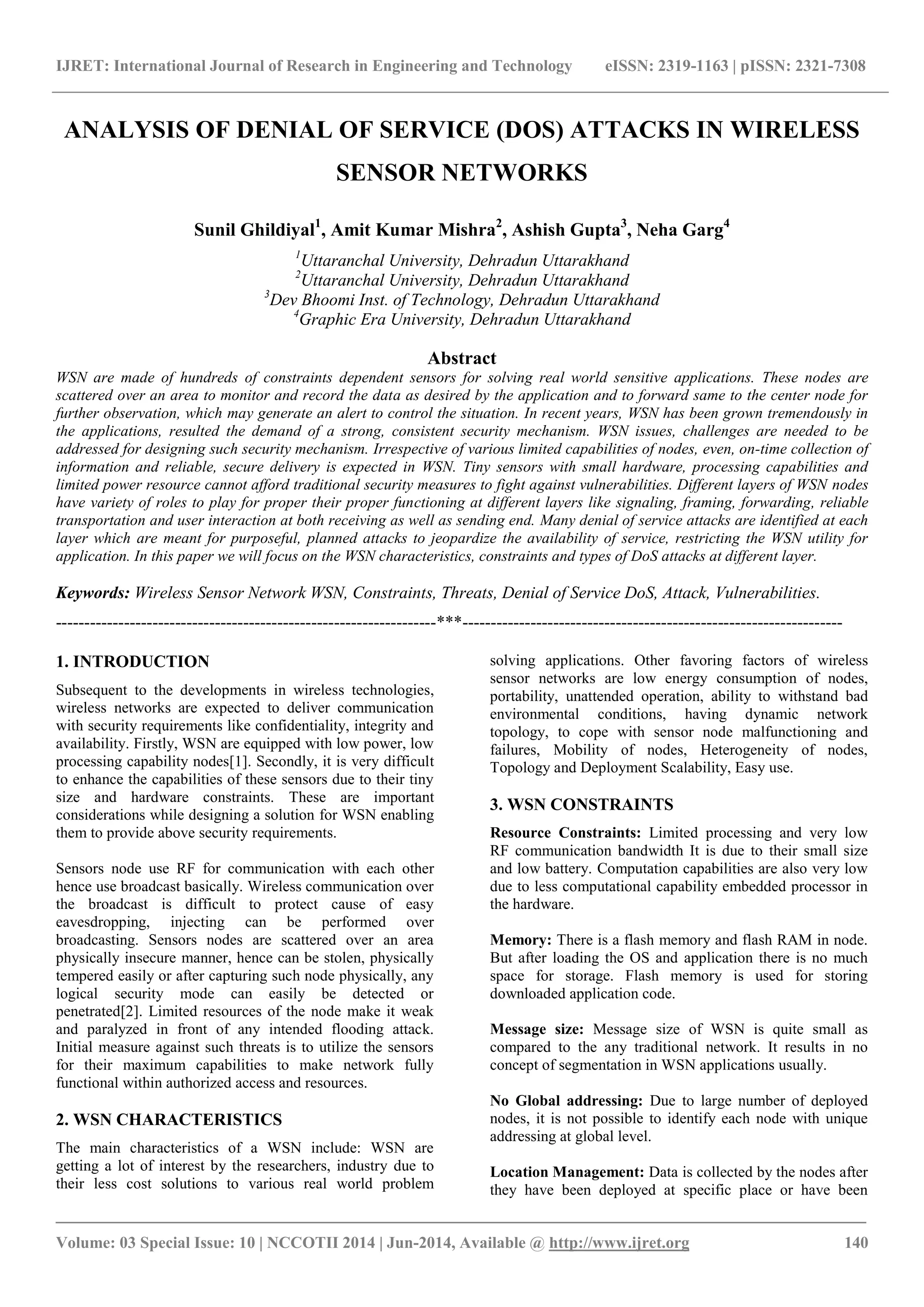 Analysis of denial of service (dos) attacks in wireless sensor networks | PDF | Internet of ...
