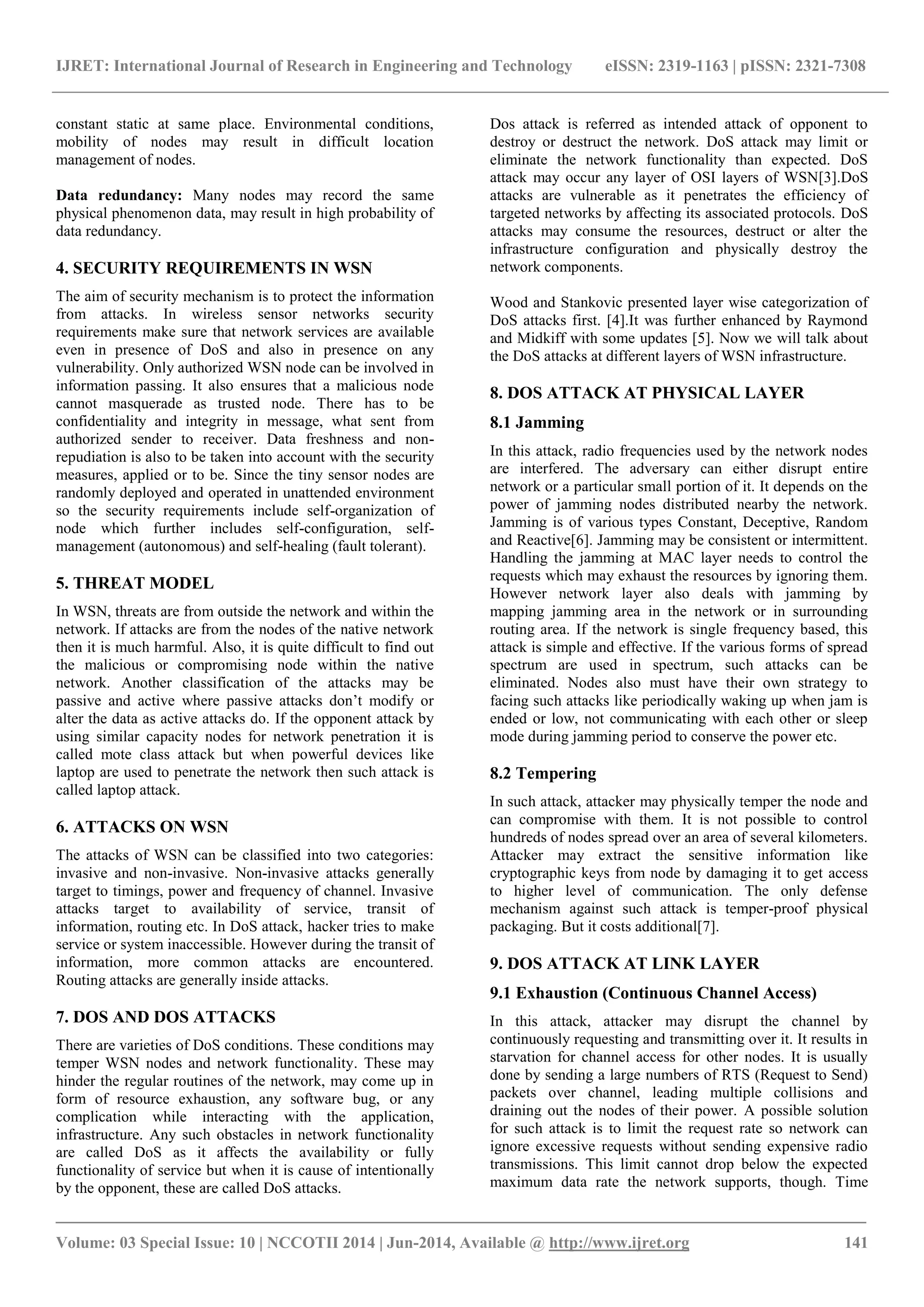 Analysis Of Denial Of Service Dos Attacks In Wireless Sensor Networks Pdf Internet Of