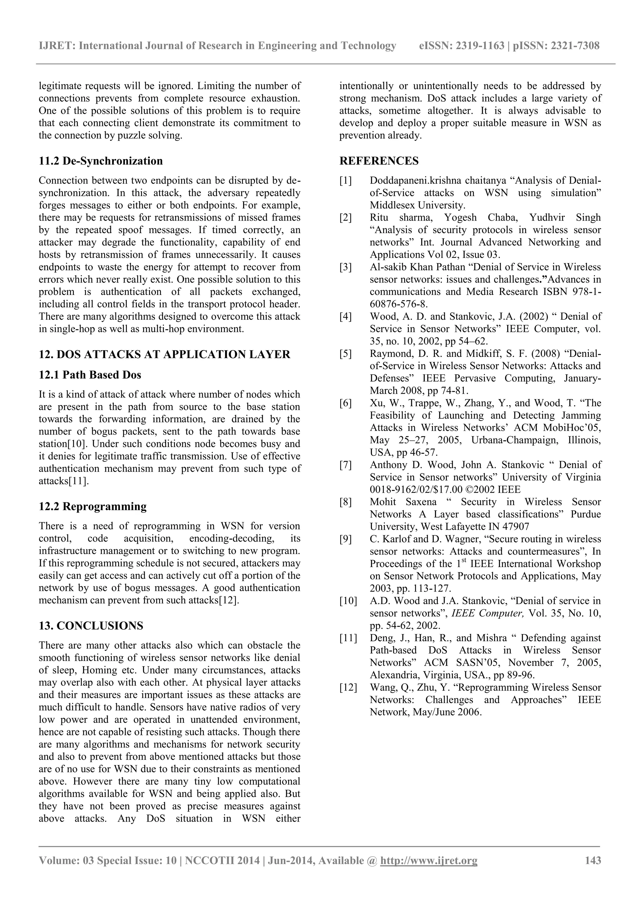 Analysis Of Denial Of Service Dos Attacks In Wireless Sensor Networks Pdf