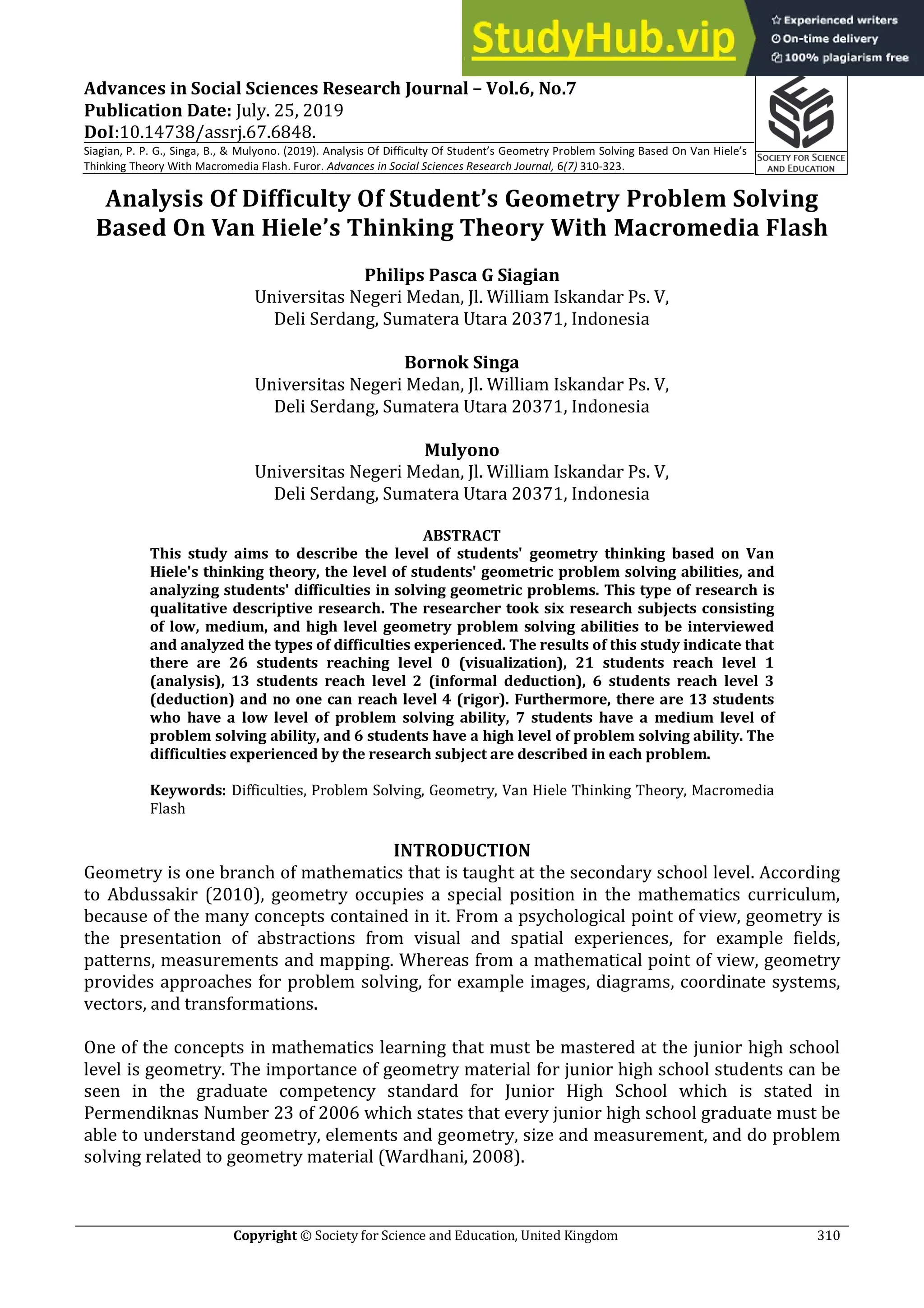 Analysis Of Difficulty Of Student S Geometry Problem Solving Based On Van Hiele S Thinking ...