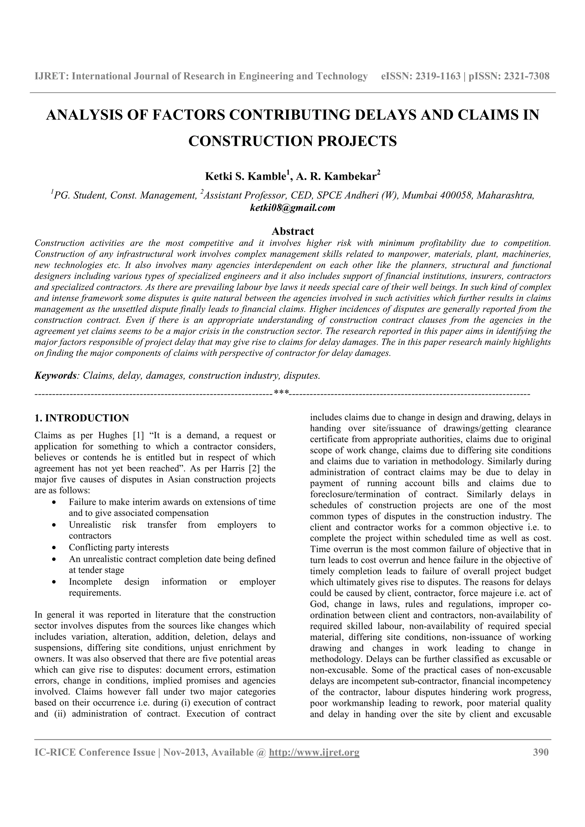 Analysis of factors contributing delays and claims in construction projects | PDF