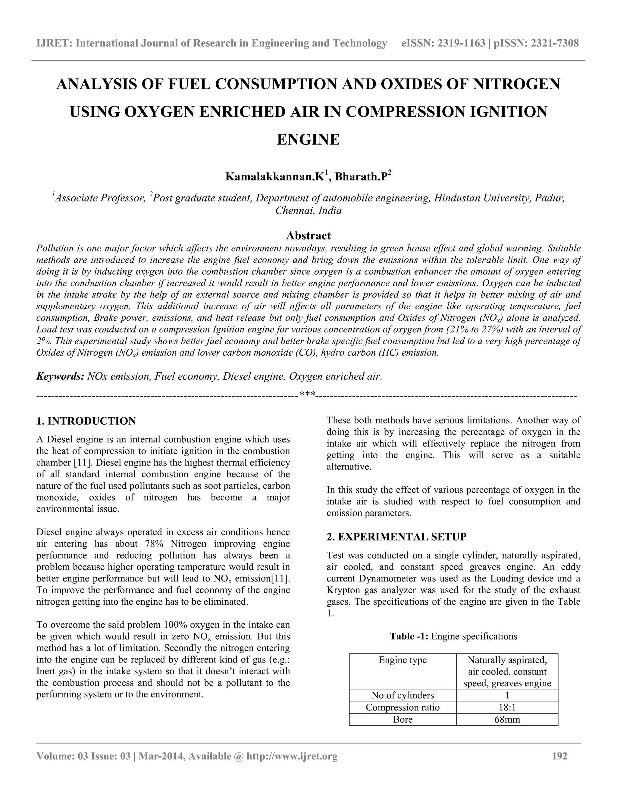 Analysis of fuel consumption and oxides of nitrogen using oxygen enriched air in compression ...