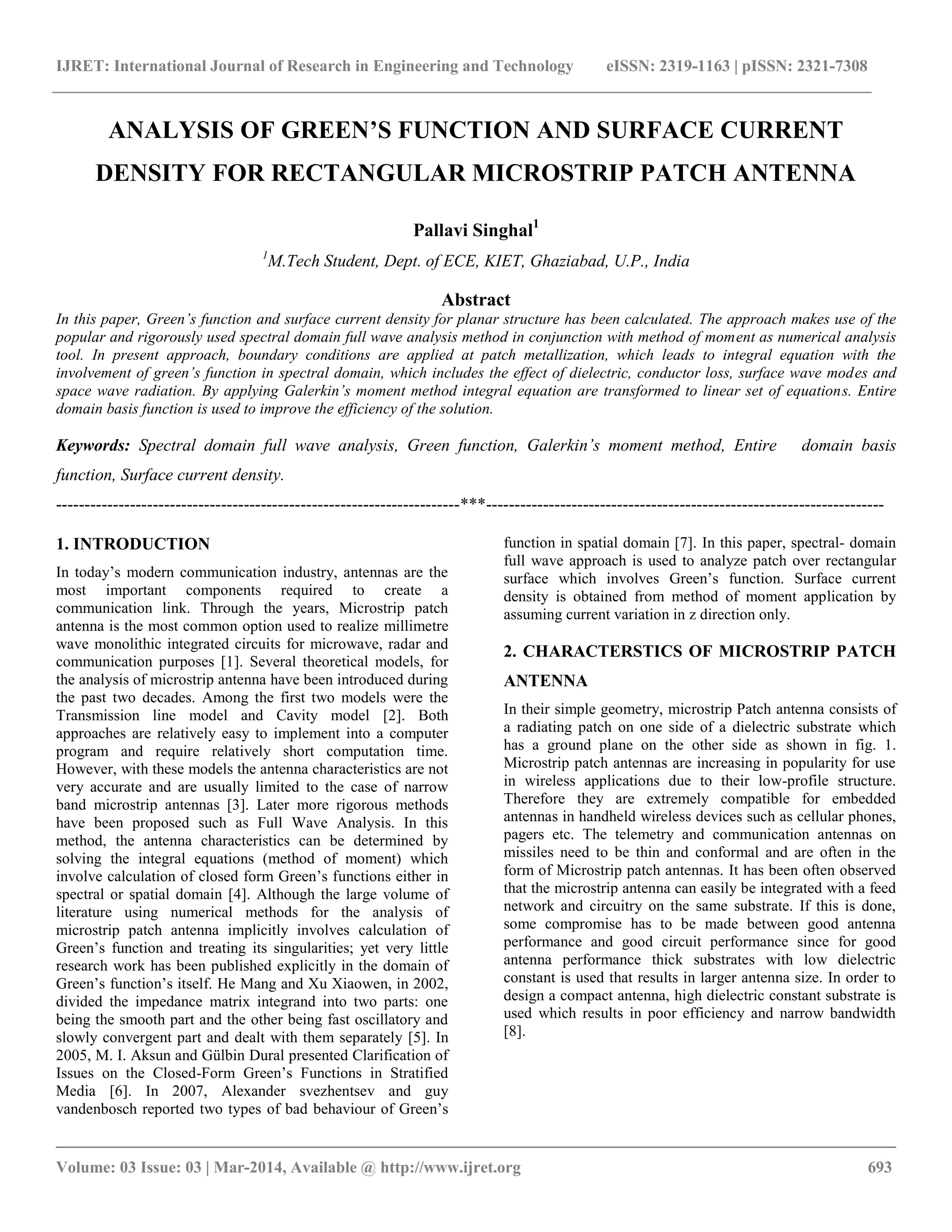 Analysis of green’s function and surface current density for rectangular microstrip patch ...