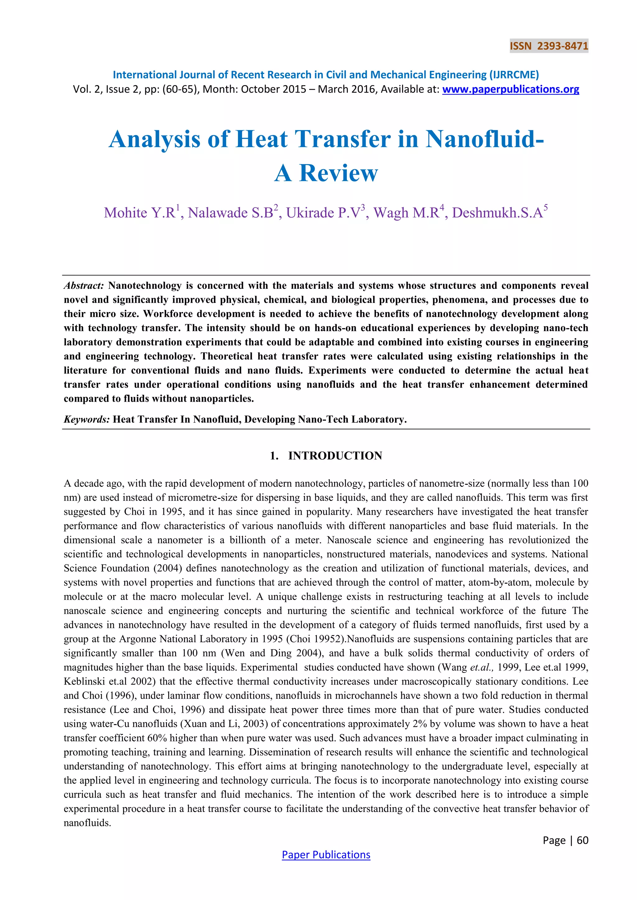 Analysis of Heat Transfer in Nanofluid-A Review | PDF | Physics | Science