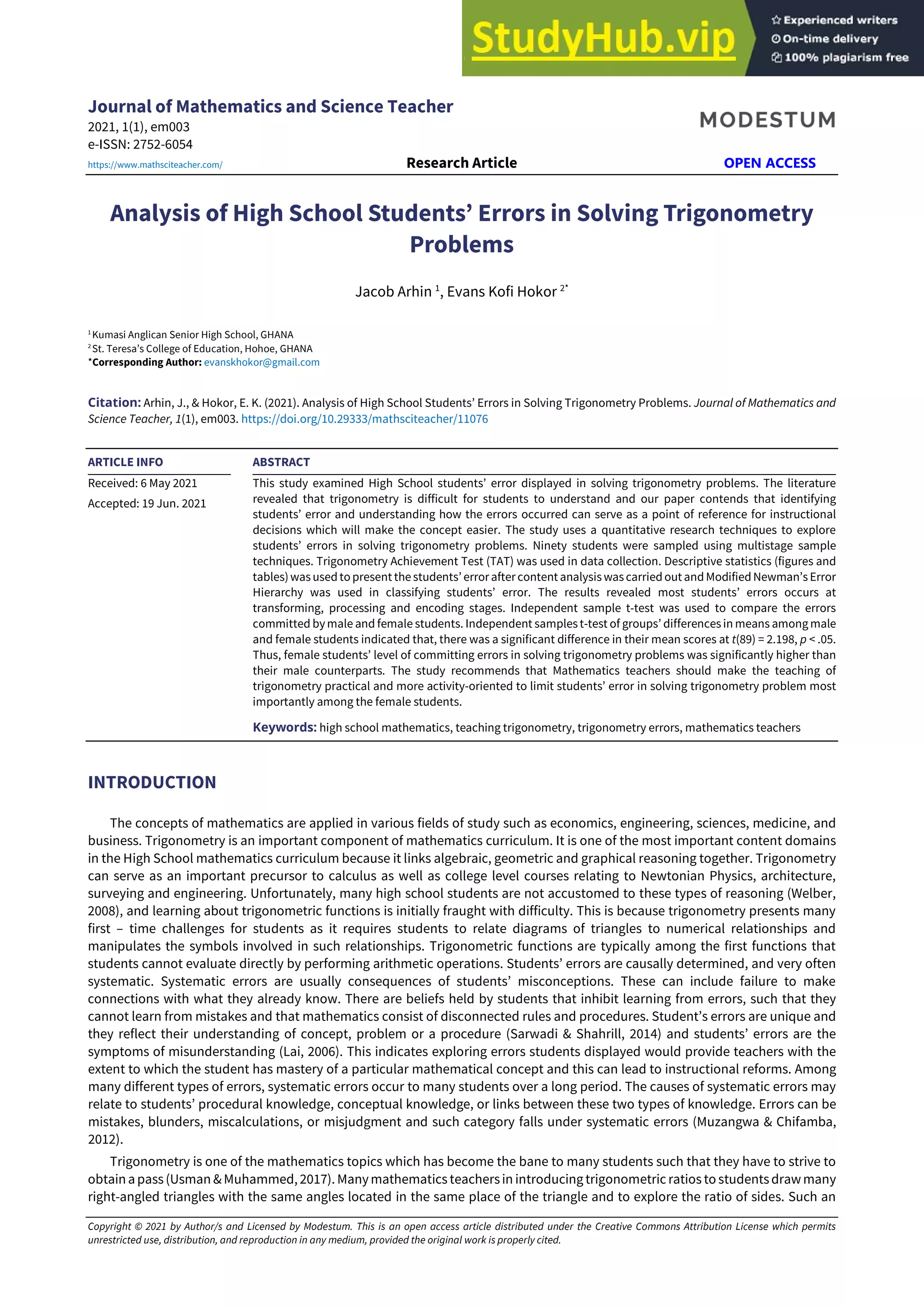 Analysis Of High School Students Errors In Solving Trigonometry ...