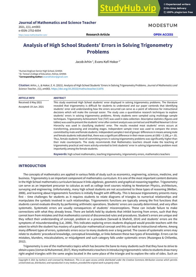Analysis Of High School Students Errors In Solving Trigonometry Problems | PDF