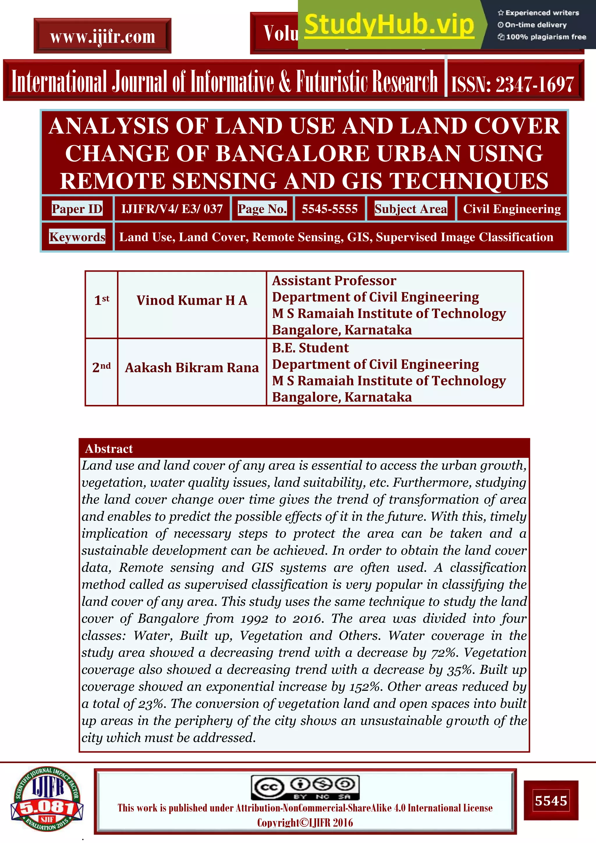ANALYSIS OF LAND USE AND LAND COVER CHANGE OF BANGALORE URBAN USING ...