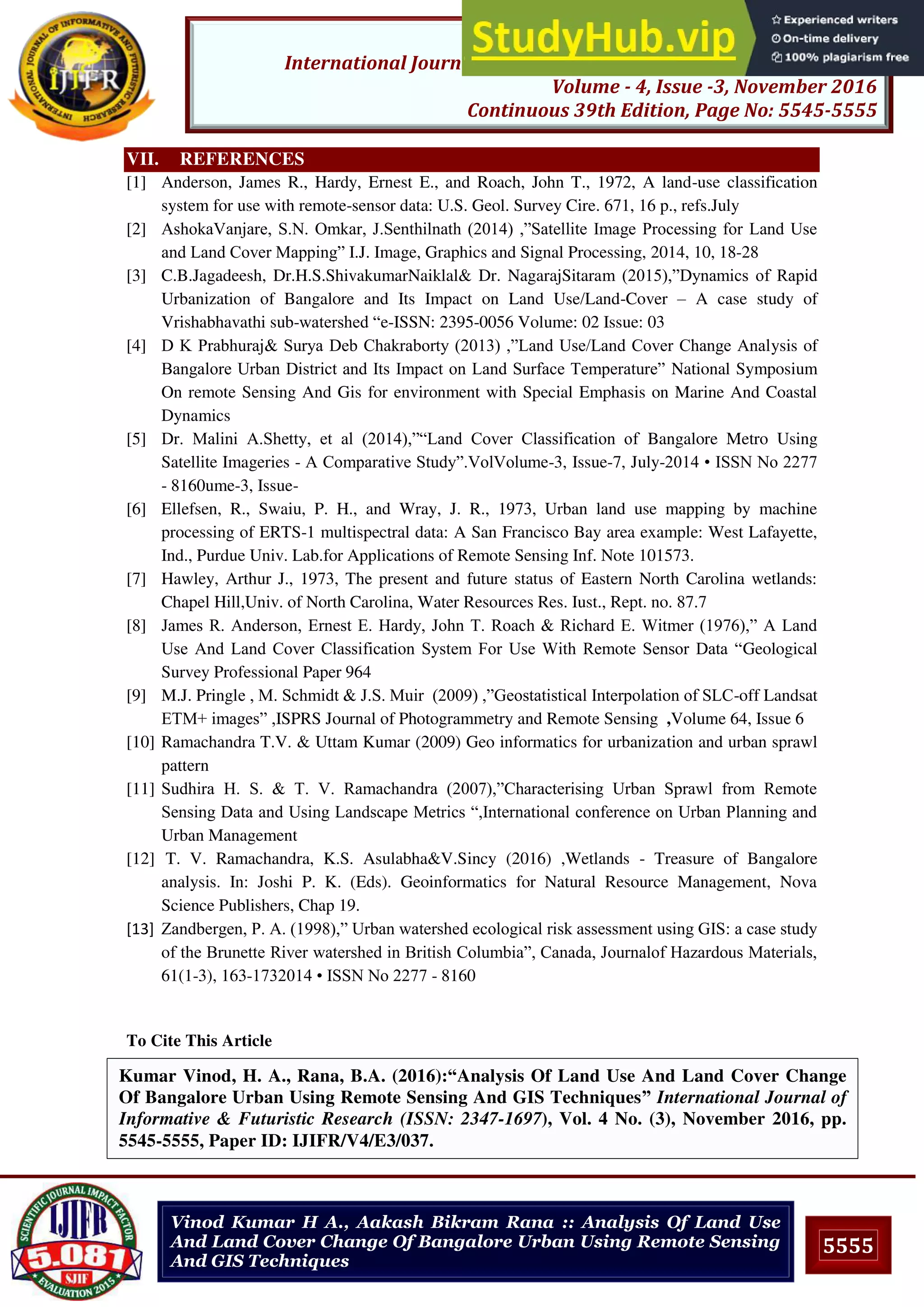 ANALYSIS OF LAND USE AND LAND COVER CHANGE OF BANGALORE URBAN USING REMOTE SENSING AND GIS ...